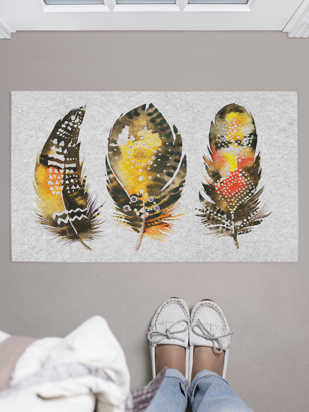 Коврик придверный в прихожую с принтом "Перо акварель" 45 на 75 см , JoyArty