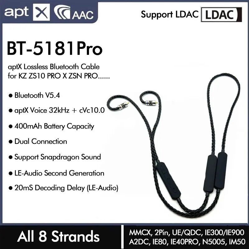 Bluetooth кабель Larky BT-5181PRO LDAC aptX Straight MMCX