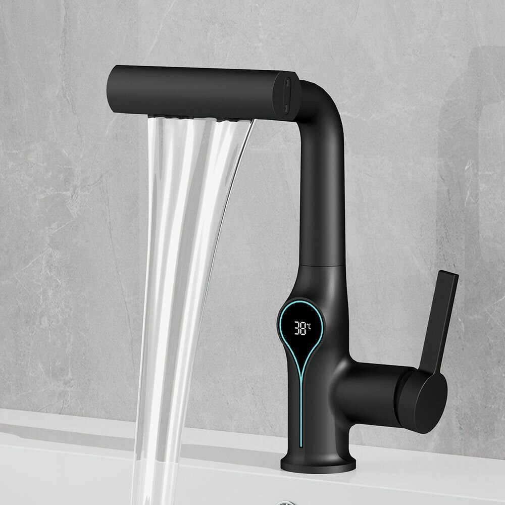 Смеситель для кухни, черный, с гибким выдвижным изливомеситель, дисплей, умный