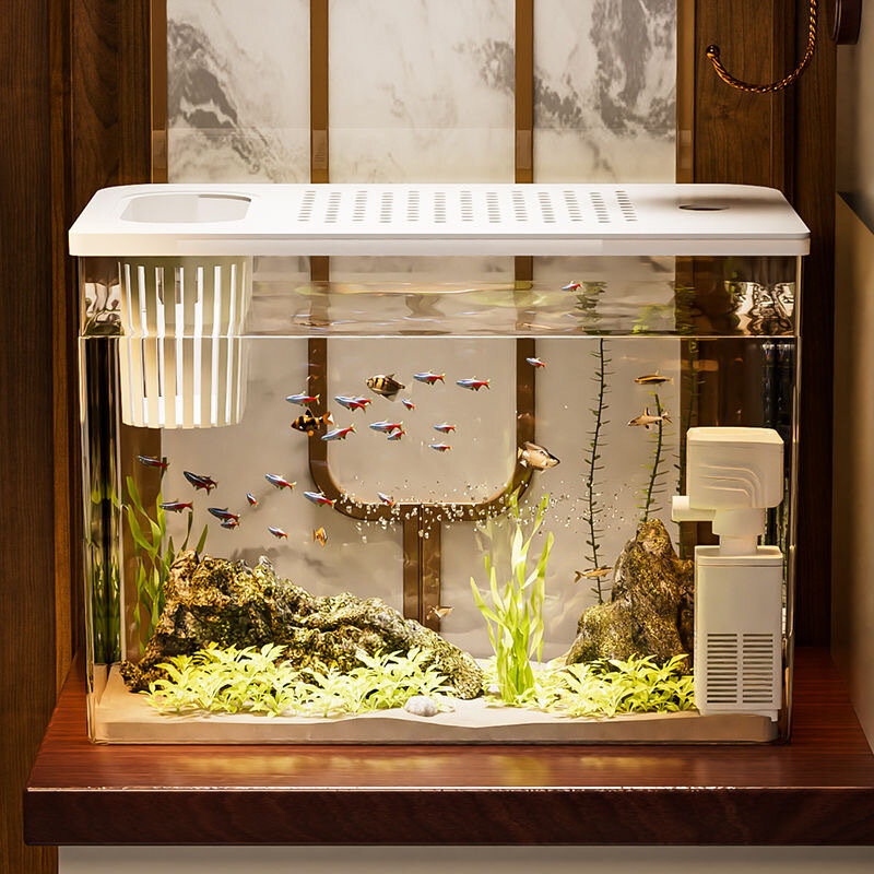 Аквариум, мини, для рыбы, с крышкой, фильтрующий насос, прямоугольный, 31×17.5×23 cm, Белый