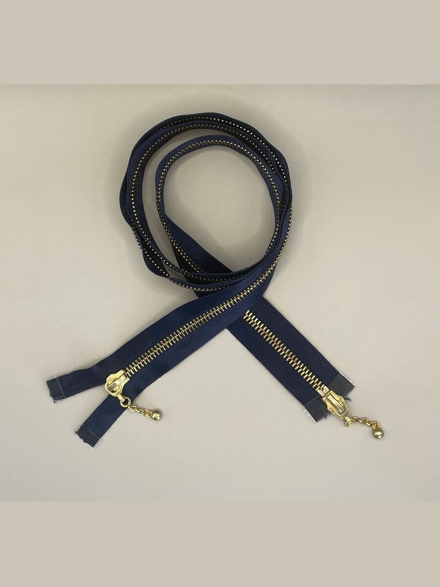 Молния металл ,100см, т. синий, на атласной тесьме, тип 5, зубья золото,2 замка. Италия.1шт.