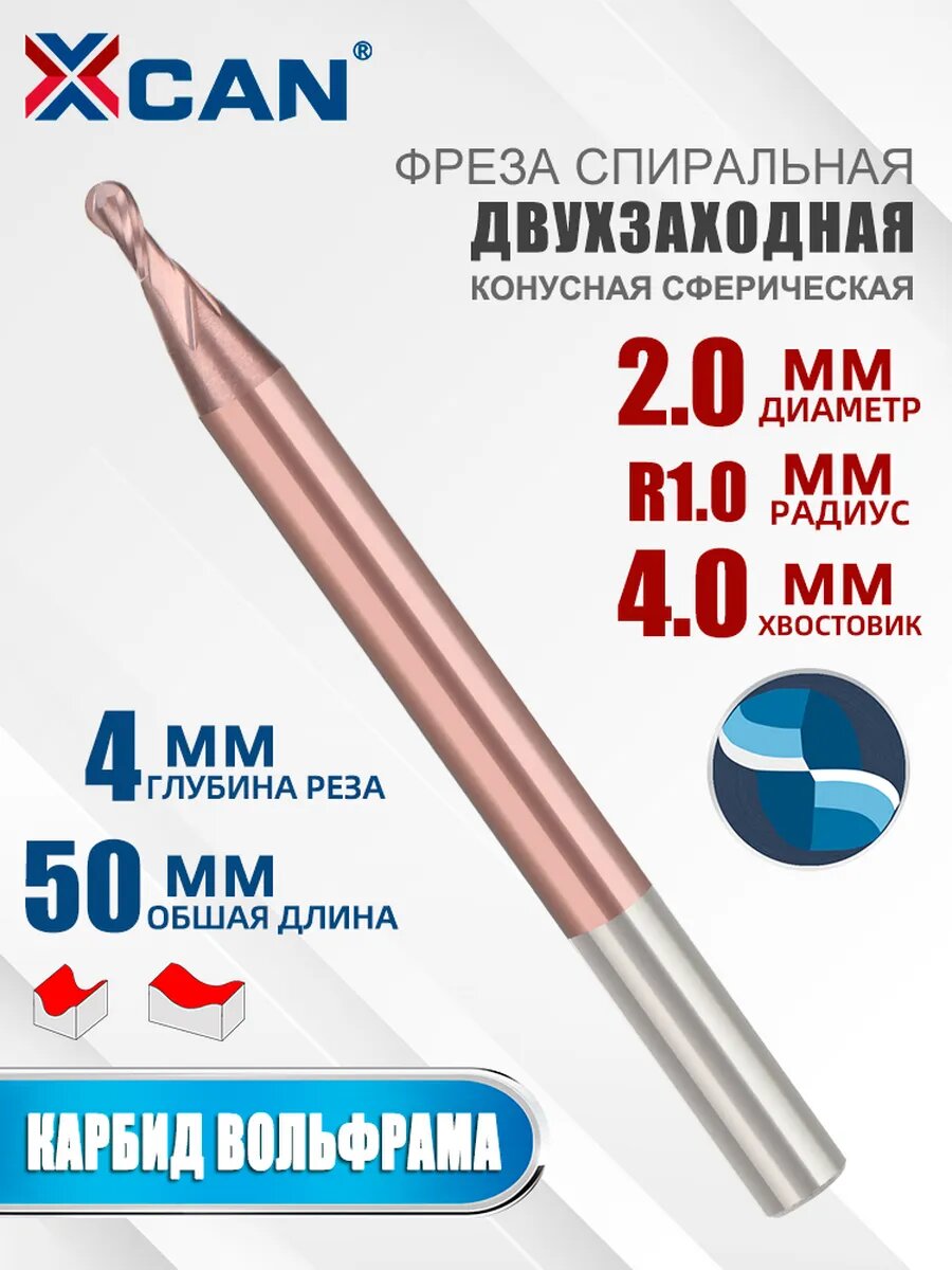 Фреза по металлу сферическая R1,0х2х4х4х50 мм