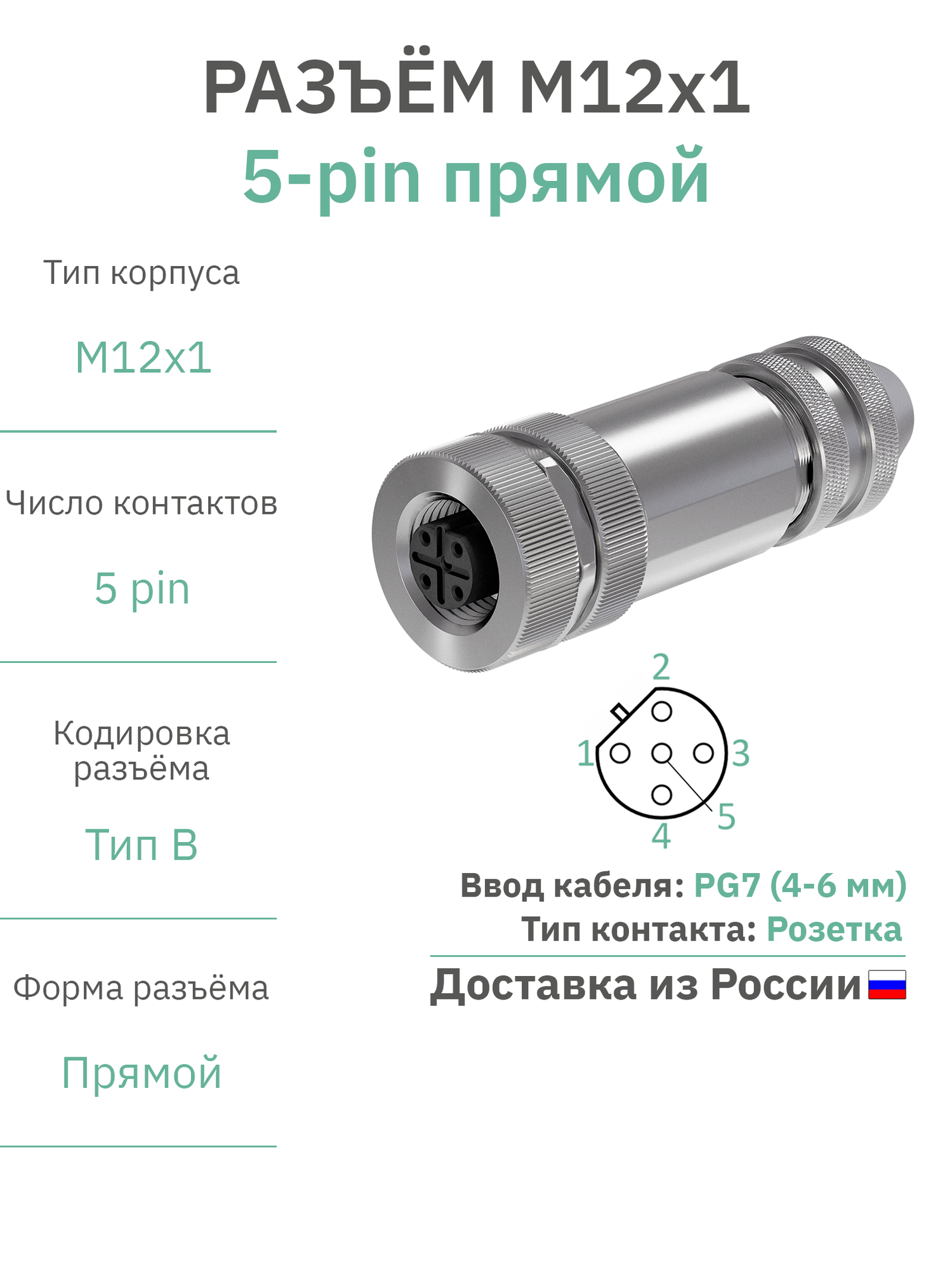 Разъём M12 B-coding Ethernet 5 pin прямой / розетка (мама) / PG7 (4-6 мм диаметр под кабель) / модель RAZM-F12-C5-CODE-B-PG7-LT