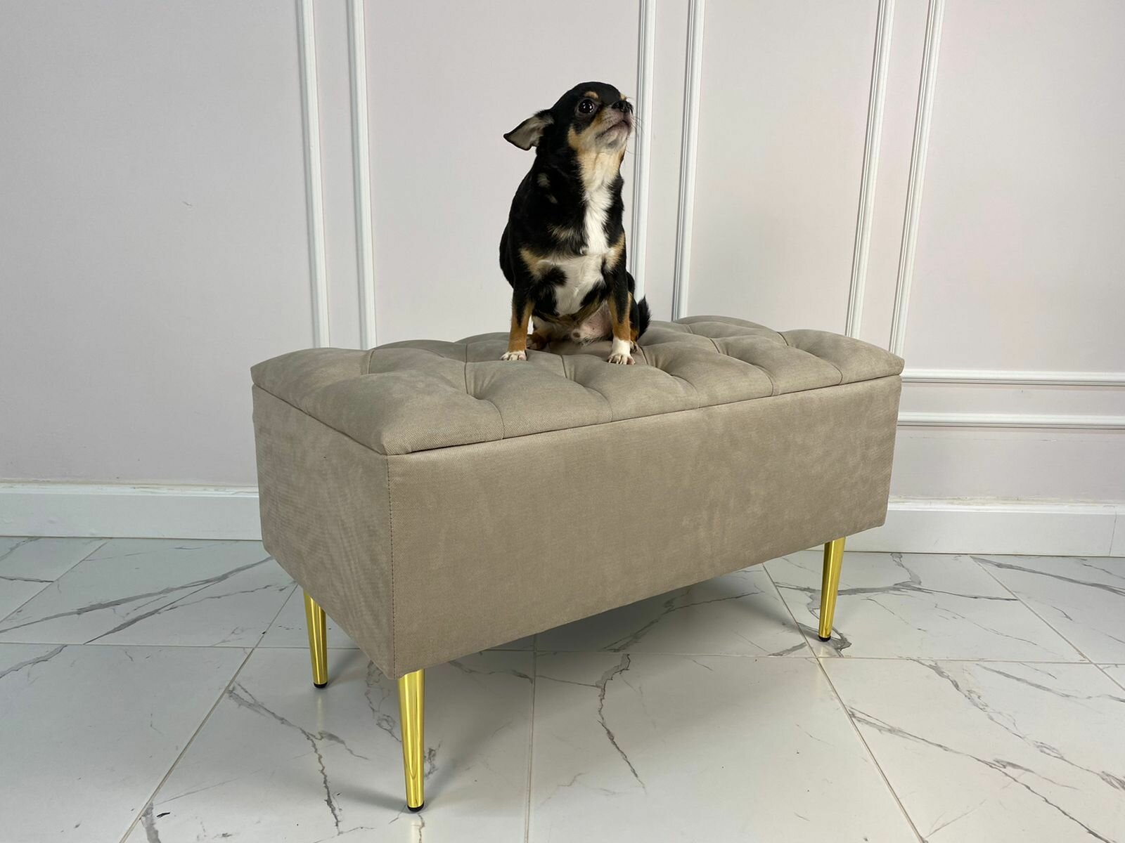Банкетка в прихожую, с местом для хранения, бежевый велюр, золотые ножки
