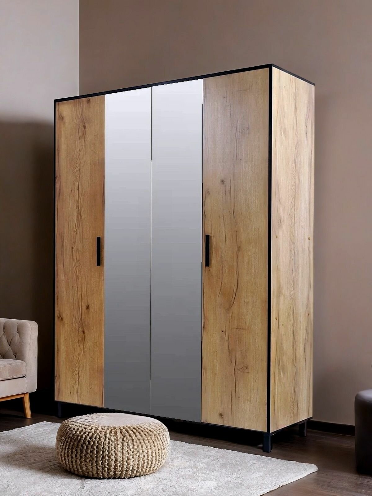 Распашной шкаф для одежды и хранения вещей Лофт 4 Ивару четырехстворчатый, с полками, со штангой, с зеркалом 160х55х210 см, Дуб Крафт Золотой