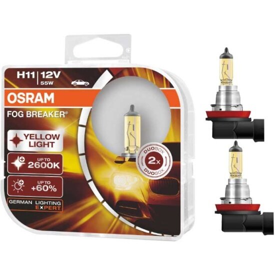 Лампа автомобильная Osram Fog Breaker +60% H11 55W PGJ19-2 2600К 12V, 2шт, 62211FBR-HCB