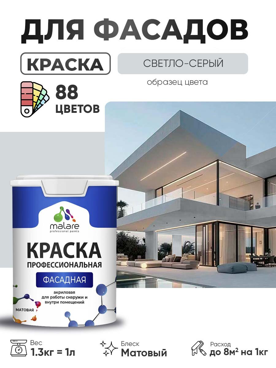 Краска Malare Professional фасадная по дереву, бетону и штукатурке, для камня и кирпича, без запаха, матовая, светло-серый, (1л - 1.3кг)