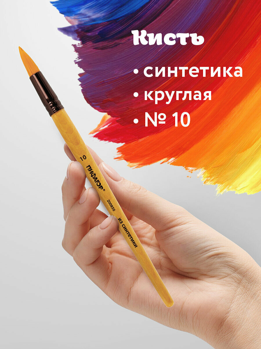 Кисть / кисточка для рисования Пифагор, синтетика, круглая, № 10, 200850