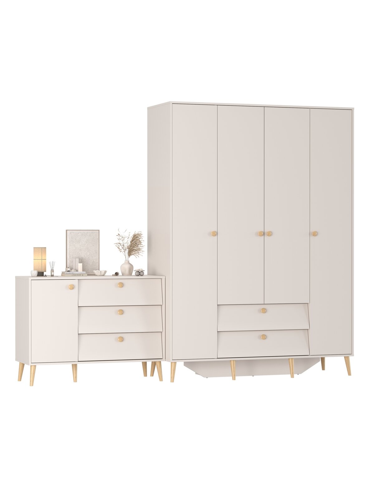 Шкаф большой 4-х дверный Афина и комод с дверкой и тремя ящиками, кашемир серый, 270х56,3х220 см.