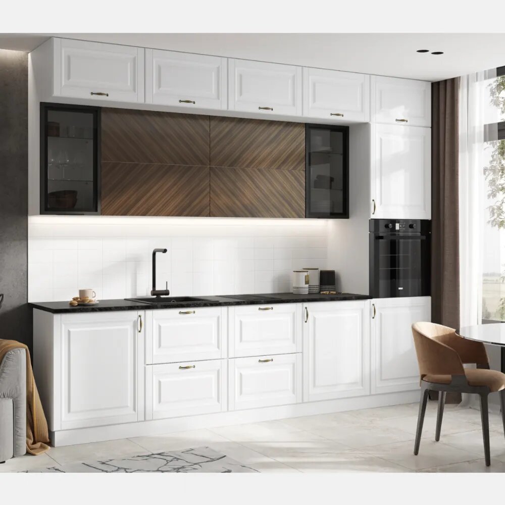 Кухня мркг 9/ Кухня Престиж 3,0м(490) Компоновка 2 Браш Вайт/Прайм орех, бел(Каст. темн.)