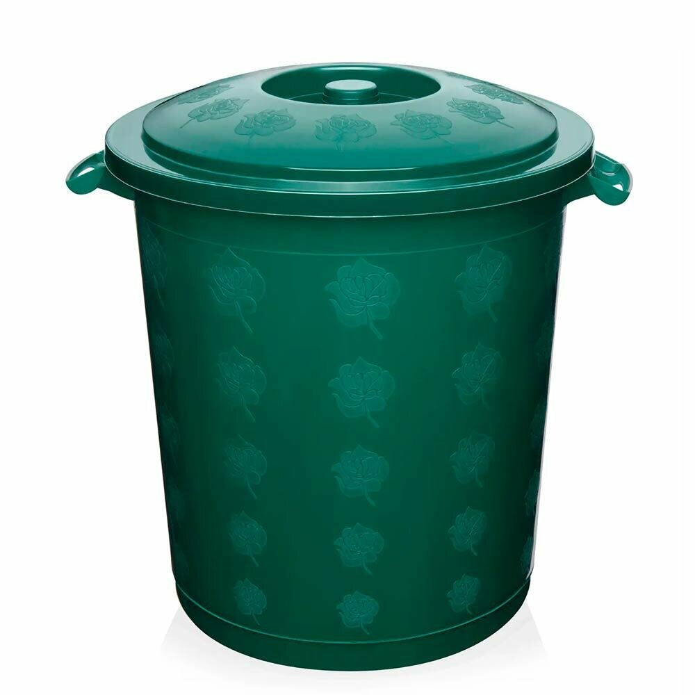 Бак пластиковый 60л с крышкой, круглый, тёмно-зеленый, ручки и узор