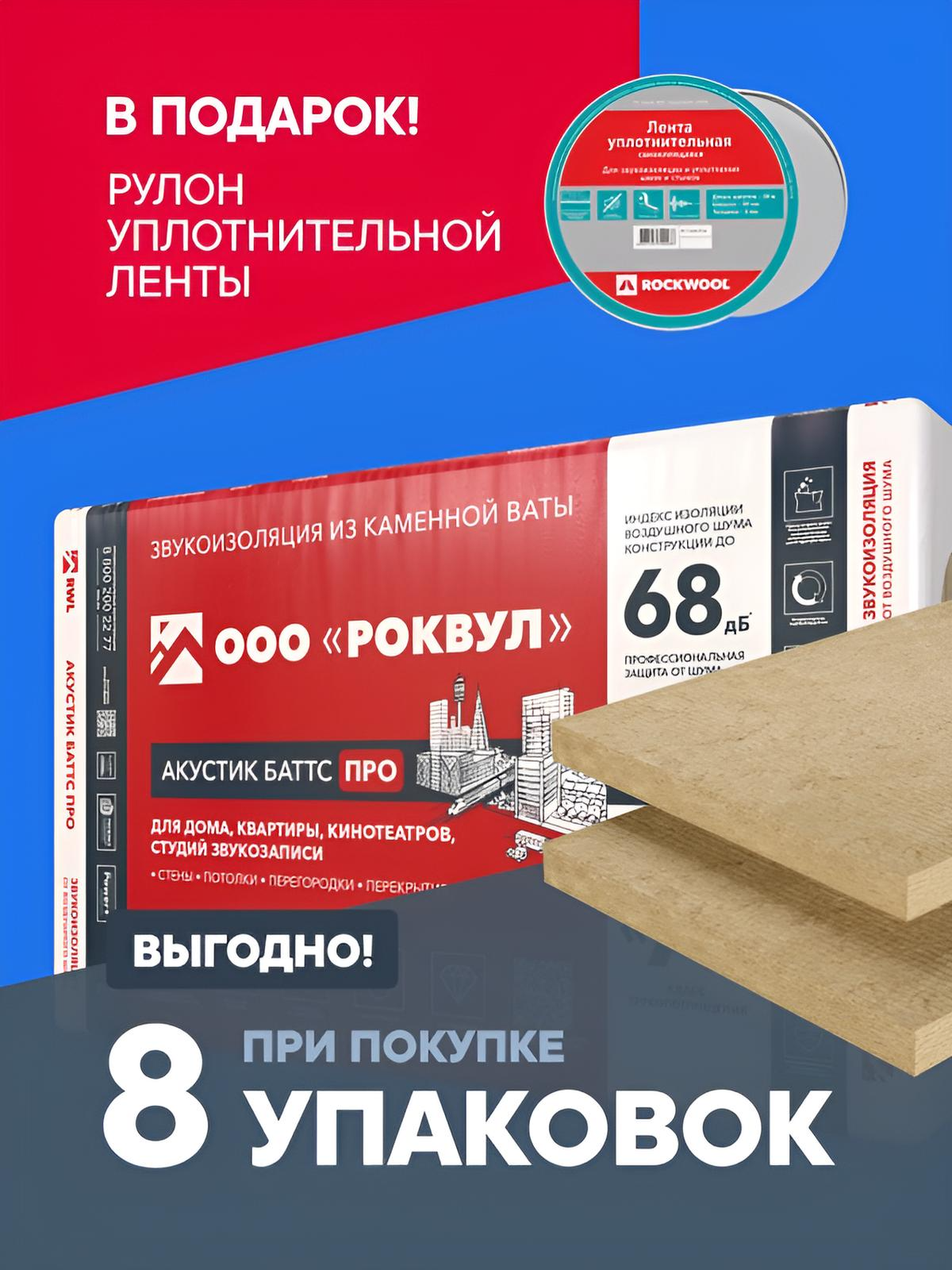8+1 Комплект звукоизоляции: Акустик про 100мм (2,4м2) 8 пачек и 1 рулон уплотнительной ленты 50мм (20 п. м.)