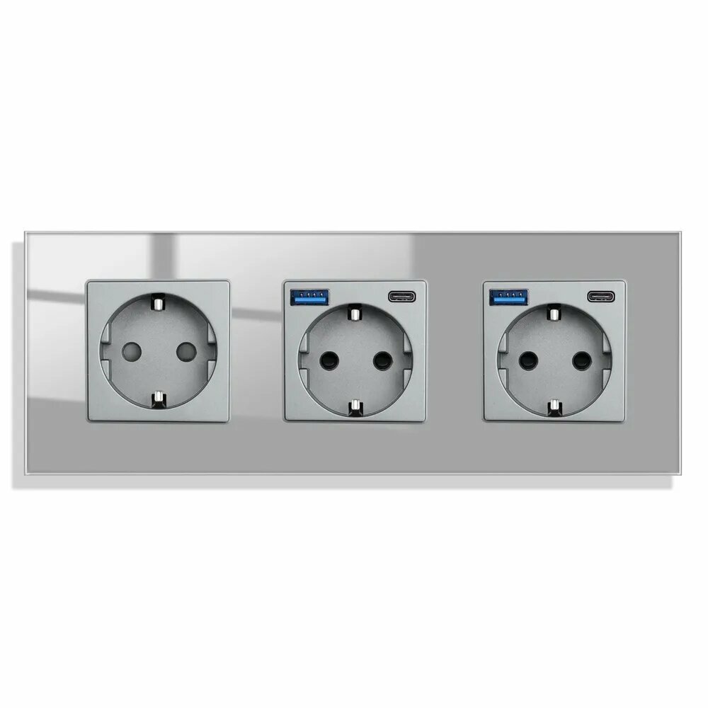 Розетка тройная 3 поста с usb и type c 20W Быстрая зарядка, 16А 250В, со шторками, рамка закаленное стекло, цвет серый,1шт.