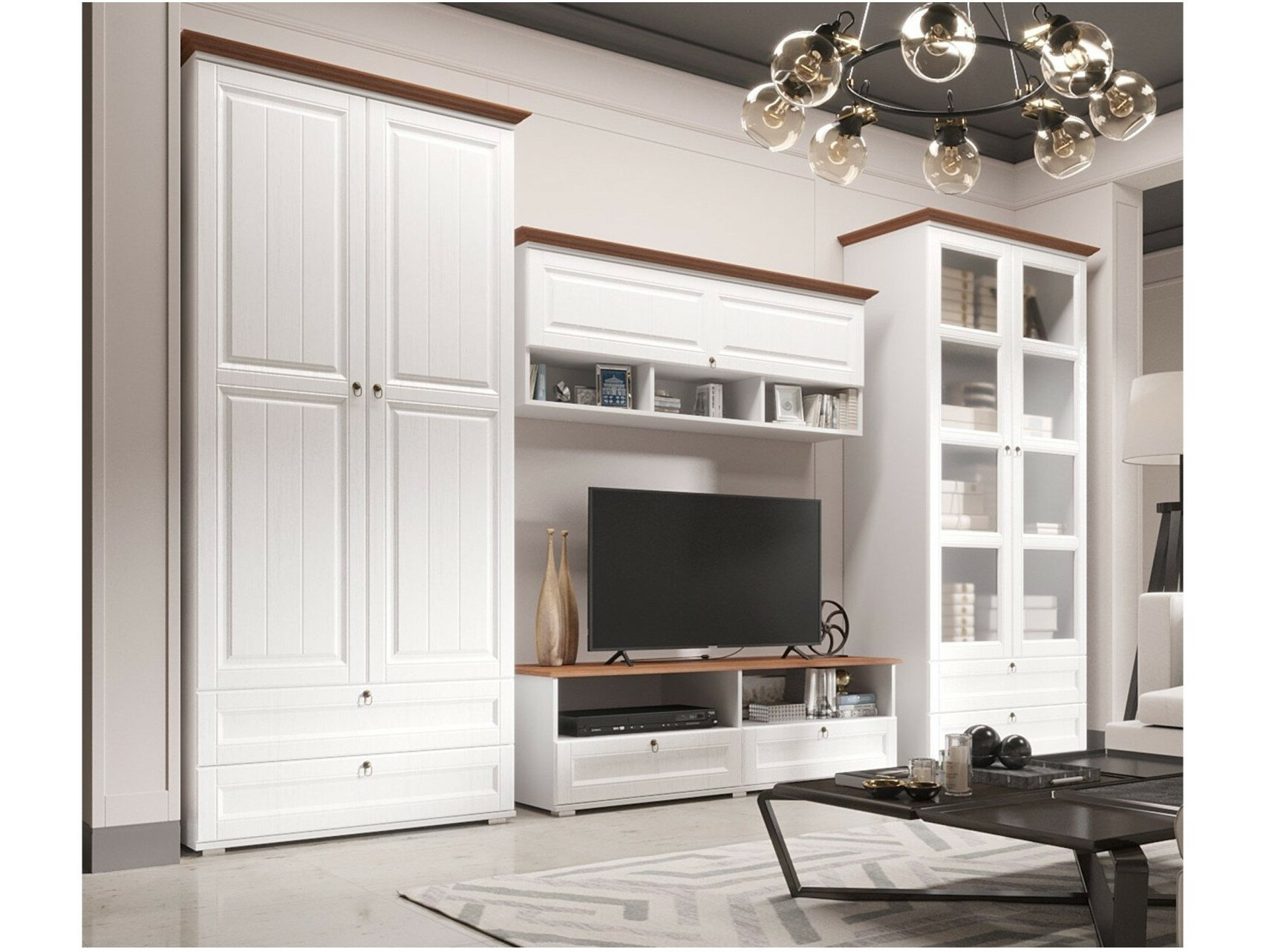 Комплект модульной Гостиной, современный, из ЛДСП, Белый/Орех