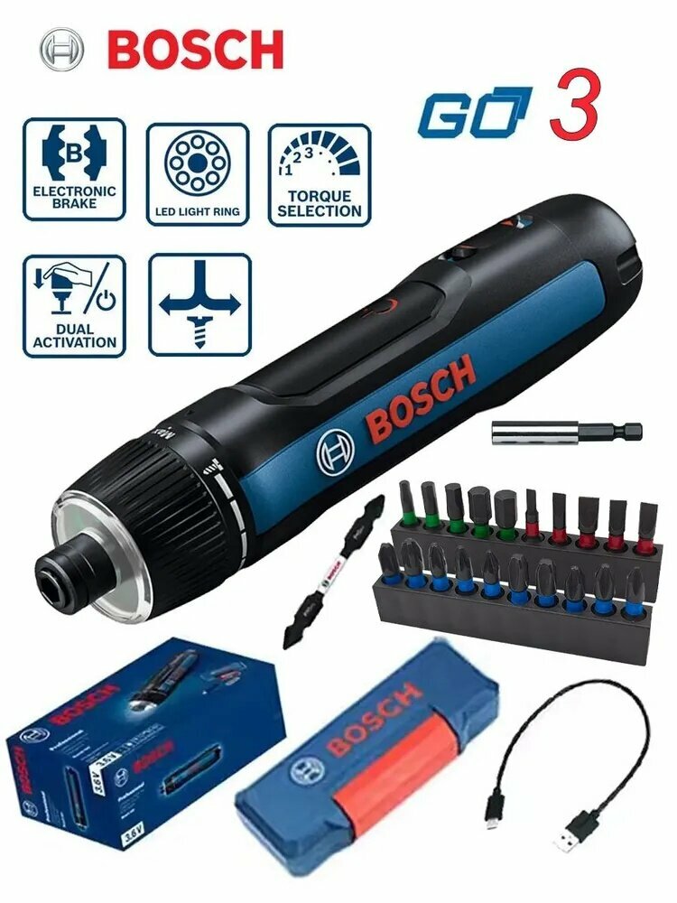 Электрическая отвертка Bosch GO3 Generation - 16 бит 1 удлинитель 1 кабель для зарядки 1 коробка