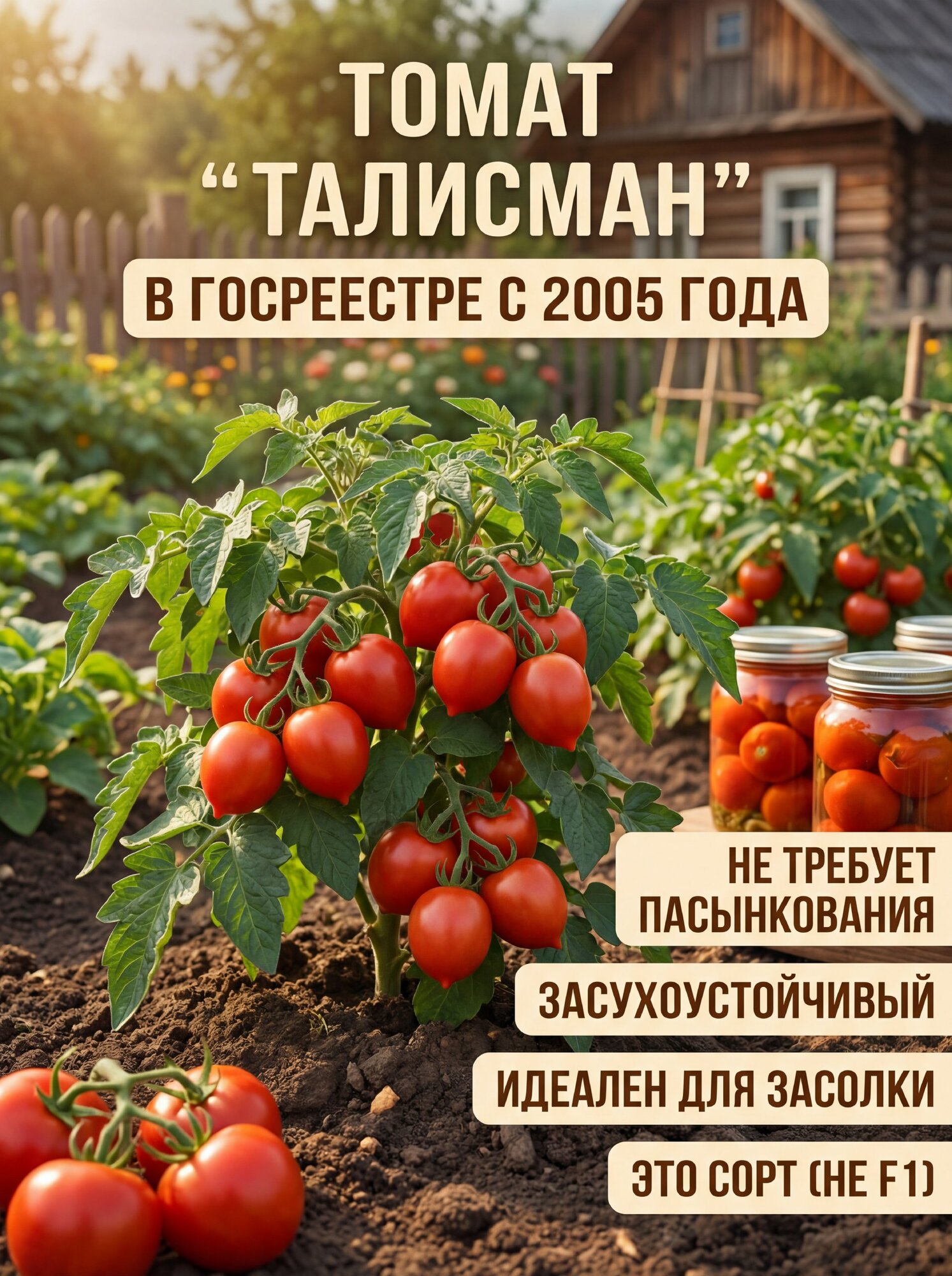 Томат талисман (0,1 г) Сорт Госреестра РФ (2005), раннеспелый 95-108 дней, плоды-яйца 50-80 г устойчивые к растрескиванию, засухоустойчивый, для открытого грунта, теплиц и балконов.