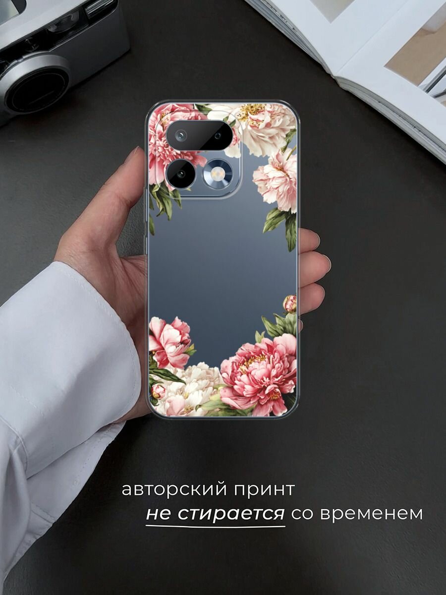 Чехол на Realme 16 Pro / Реалме 16 Про с принтом Нежная рамка пионов, прозрачный — фото 1