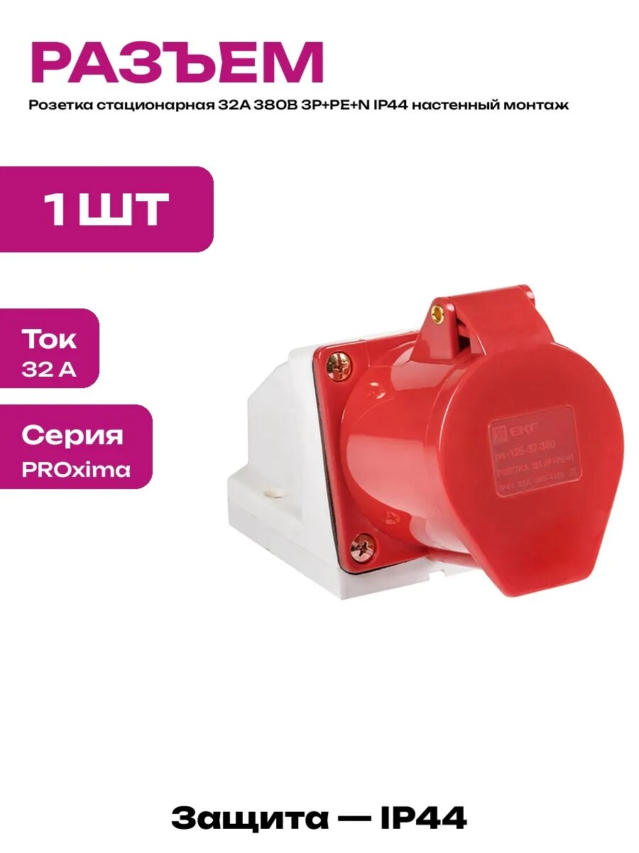 Розетка силовая настенная 32А 380В 3P+PE+N IP44 стационарная