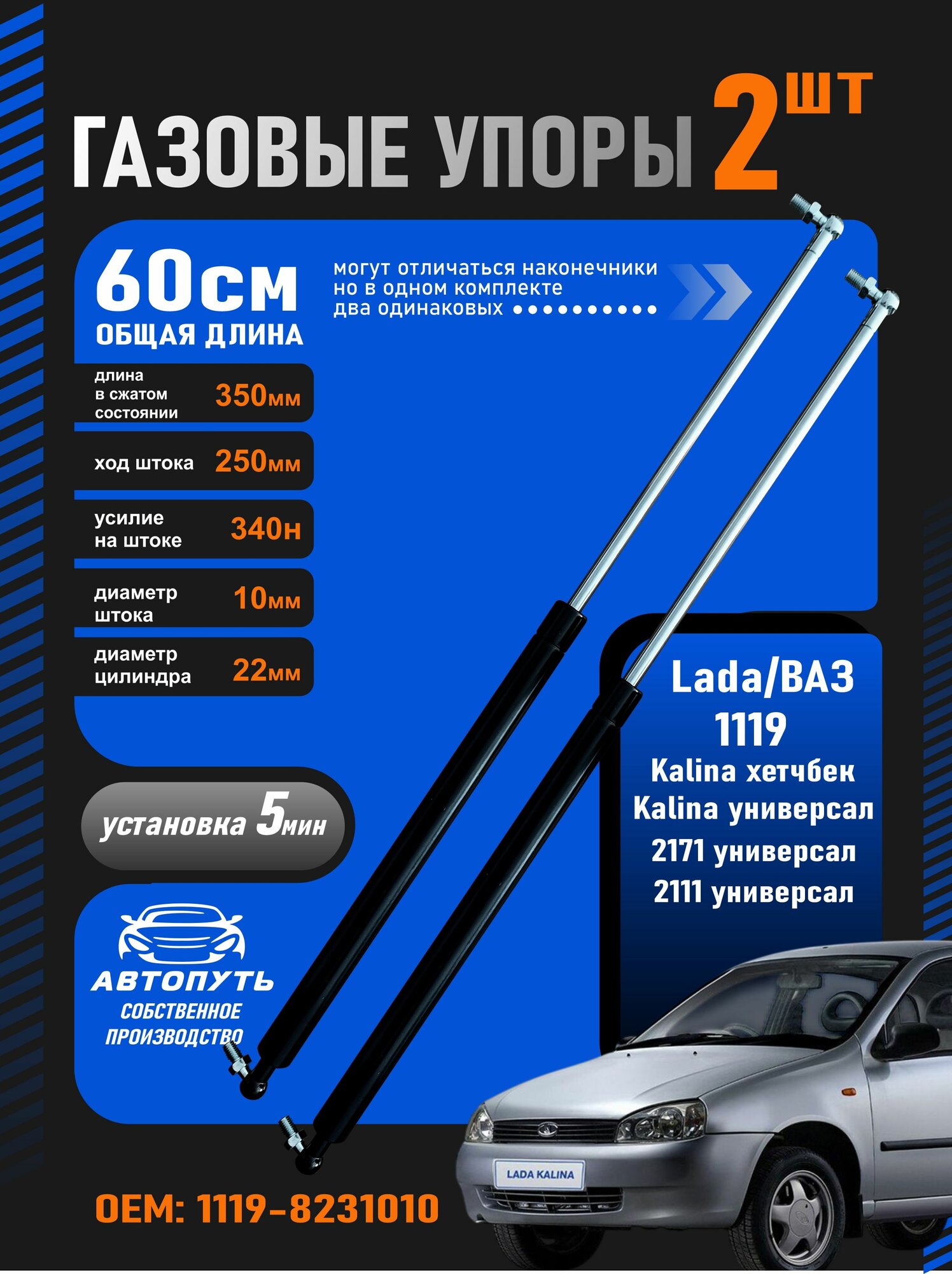 Амортизатор багажника /газовые упоры / стойка амортизатора задней двери багажника 1119-8231010 ВАЗ /LADA/лада Kalina,1119 Хэтчбек 1 первое поколение), 2192 (Калина Хэтчбек 2 поколение)