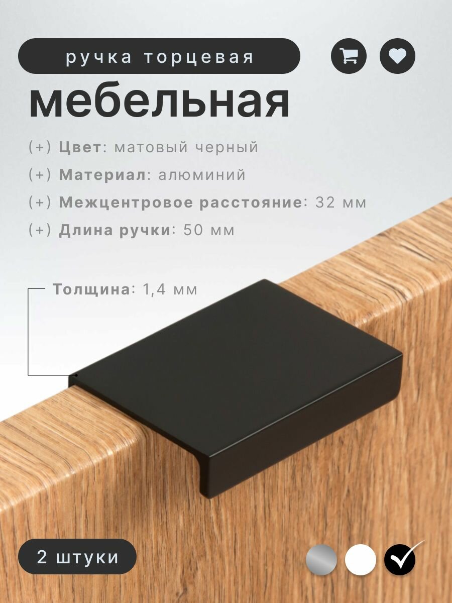 Ручка мебельная торцевая 50 мм Brante IN.01.1140.32/50. MBA матовый черный, комплект 2 шт, ручка для шкафов, ящиков, комодов, для кухонного гарнитура, фурнитура для мебели