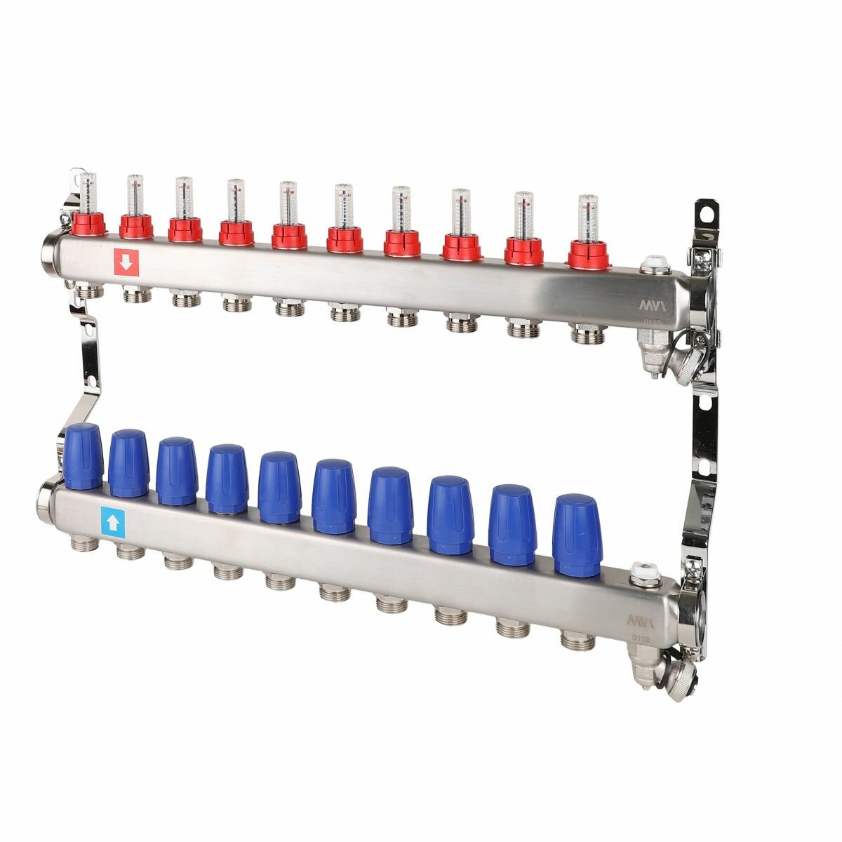 Коллектор с расходомерами, дренажным краном и краном Маевского, 10 выходов