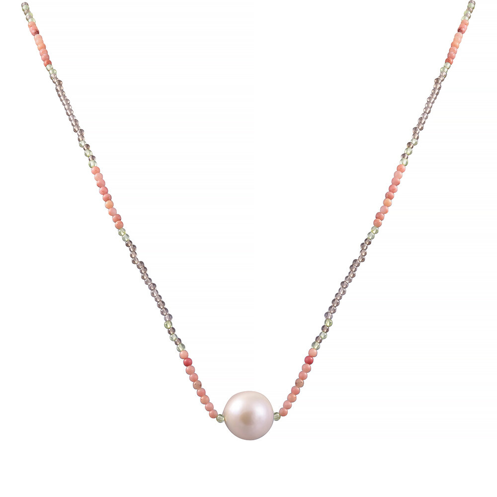 Колье, серебро, 925 проба, родонит, перидот, раухтопаз, жемчуг