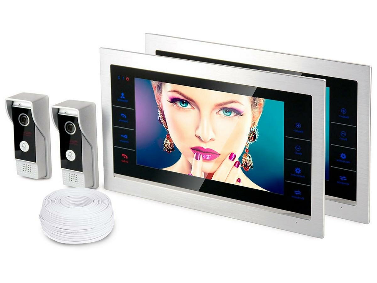 Комплект: ДВА AHD видеомонитора HDcom S-101AHD и 2 вызывные антивандальные панели. Запись видео на SD карту в подарочной упаковке