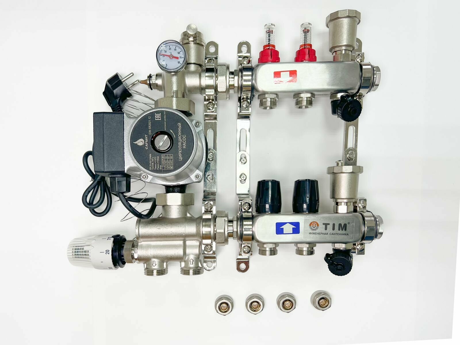 Комплект для водяного теплого пола с насосом: Коллектор 2 выхода с расходомерами + смесительный узел + циркуляционный насос 25-40 + евроконусы - TIM (до 50 кв. м)
