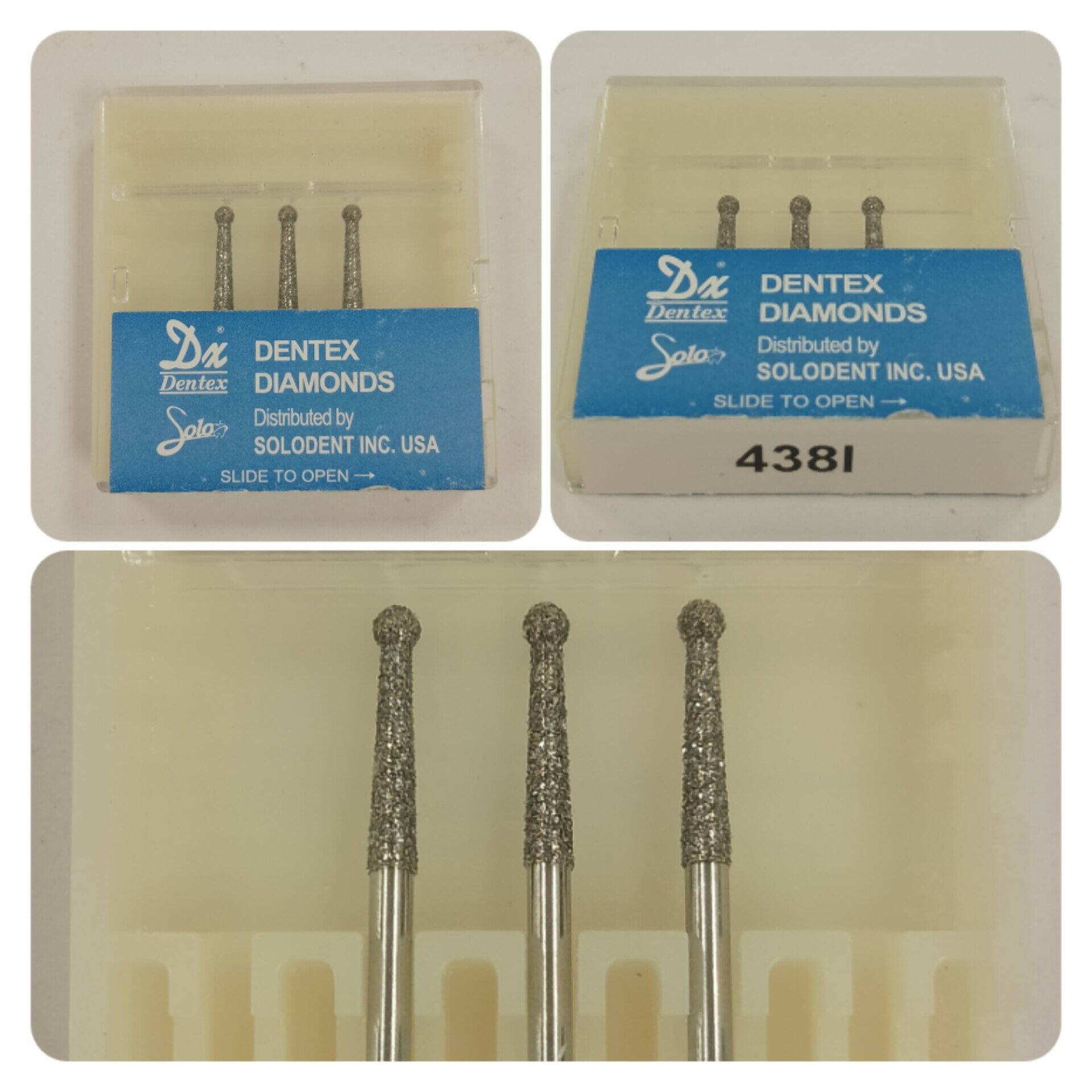 Боры стоматологические алмазные Dentex турбинные, шаровидные с юбочкой, №438I размер 016, 3 штуки