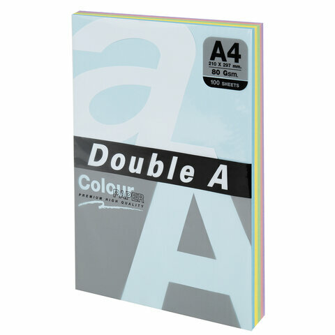 Бумага цветная DOUBLE A, А4, 80 г/м2, 100 л. (5 цветов x 20 листов), микс пастель (цена за 1 шт.)