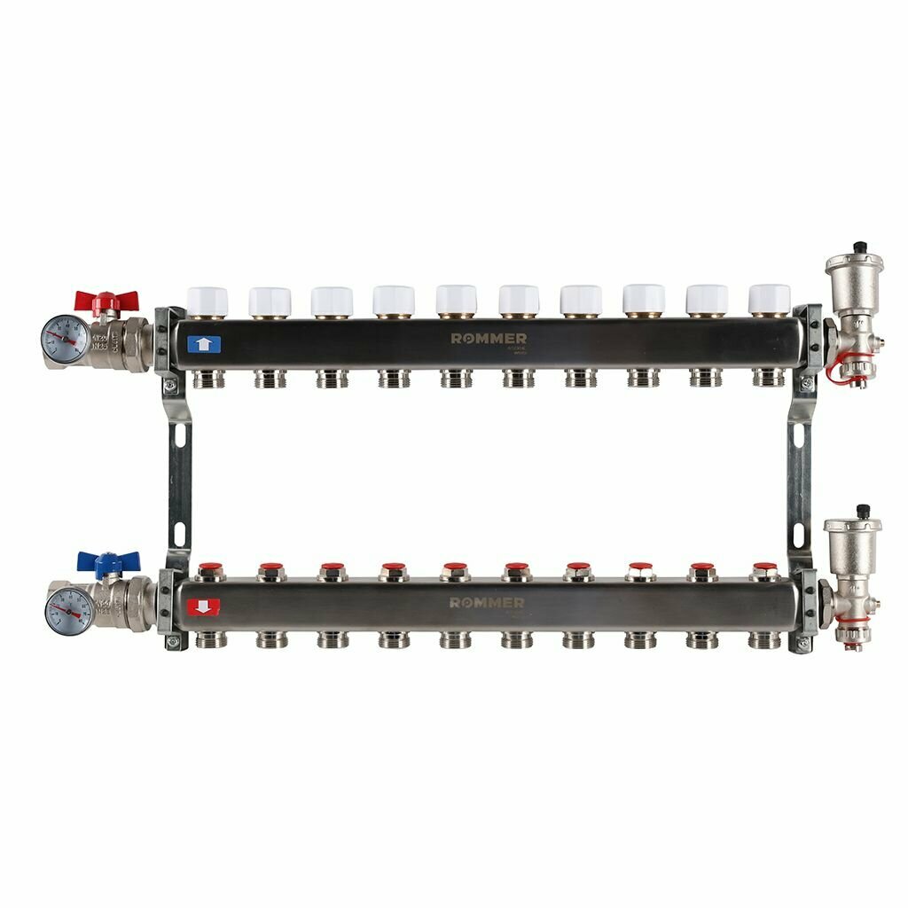 Коллектор для теплого пола ROMMER RMS-3210-000010 из нержавеющей стали в сборе без расходомеров 10 вых.
