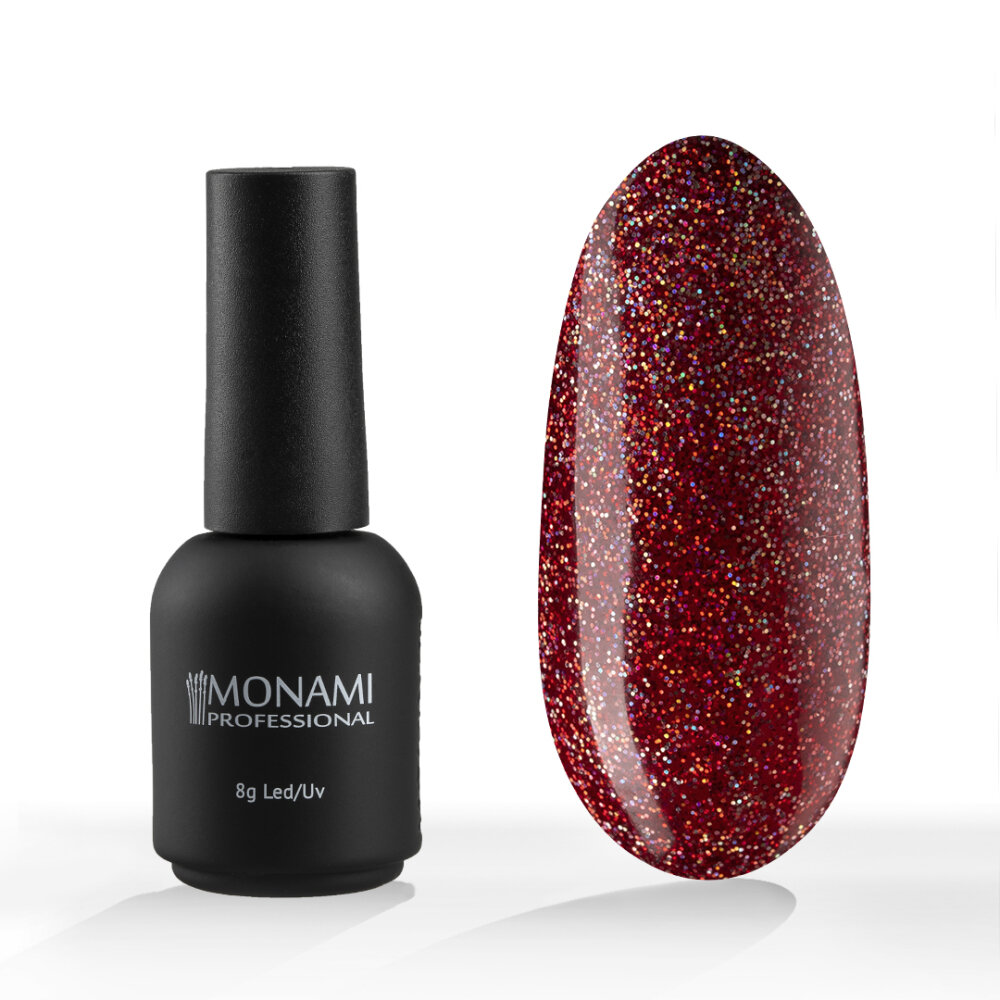 Гель-лак Monami Phoenix 8 г насыщенный красный с большим количеством голографических блёсток