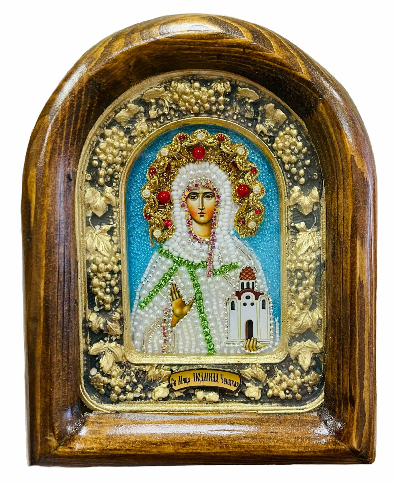 Икона Людмила, Княгиня Чешская, Мученица, из бисера, ручная работа, 11х14 см