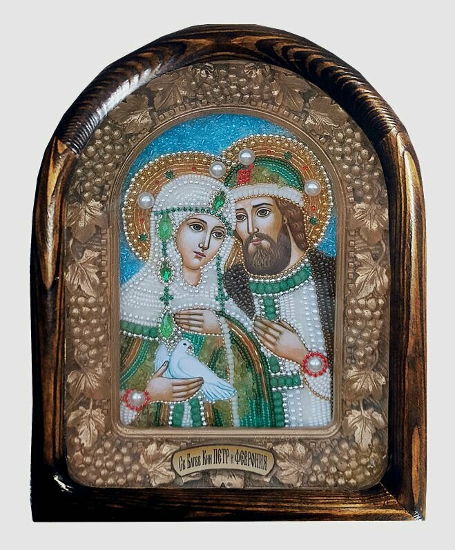 Икона Дивеевская Петр и феврония Муромские, Благоверные Князья, из бисера, ручная работа, 18х23 см