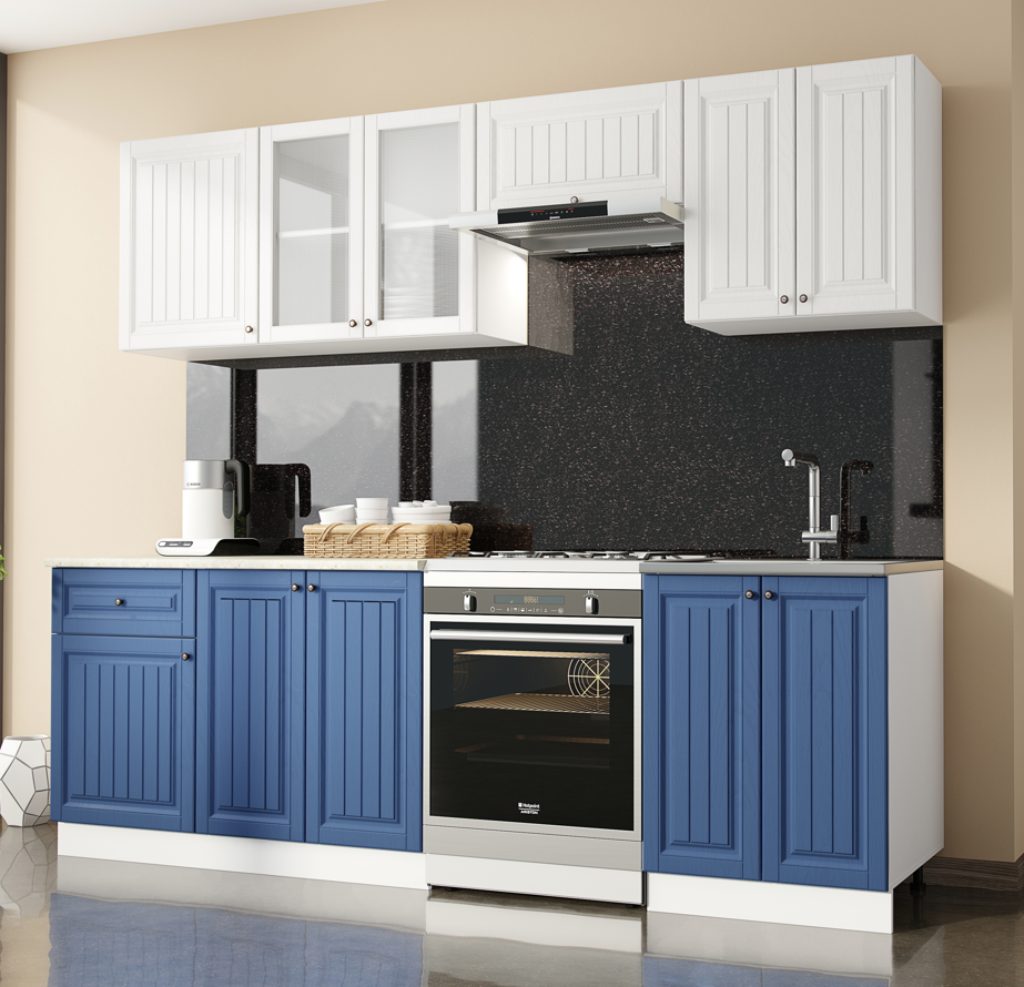 Кухонный гарнитур, кухня, готовый комплект Хозяюшка 2,4 м Акация белая/Деним