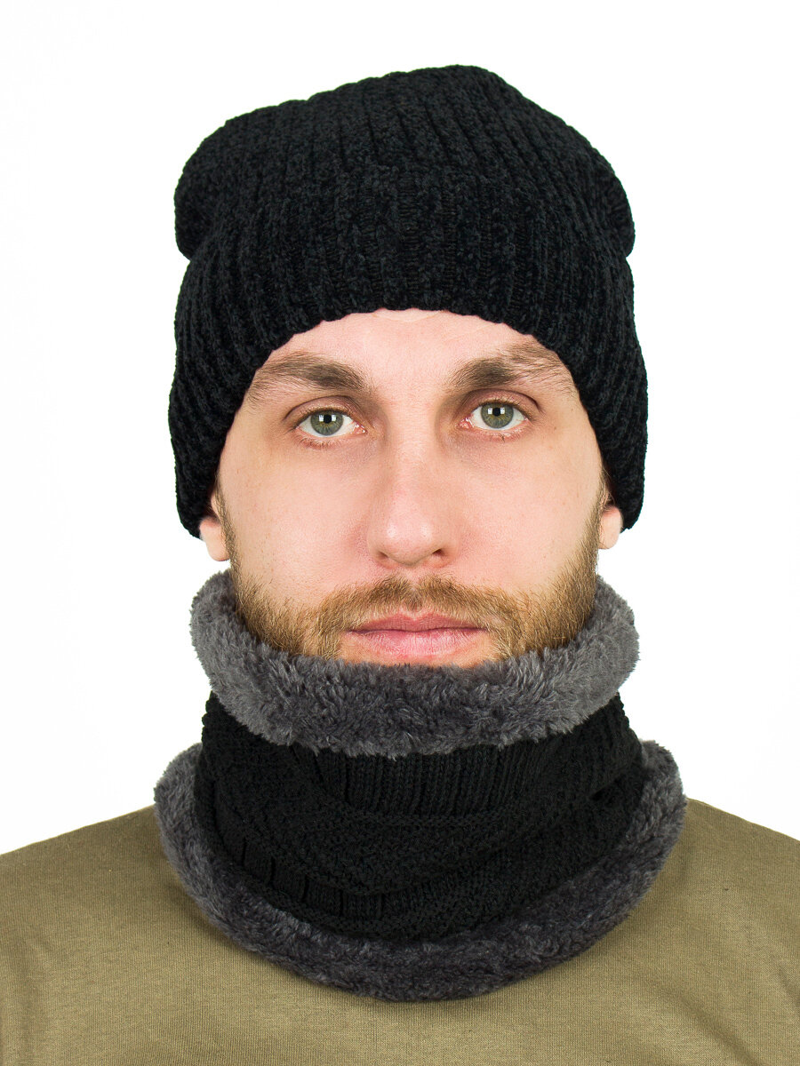 Комплект с головным убором Комплект зимний с искусственным мехом шапка + шарф цвет черный для мужчин