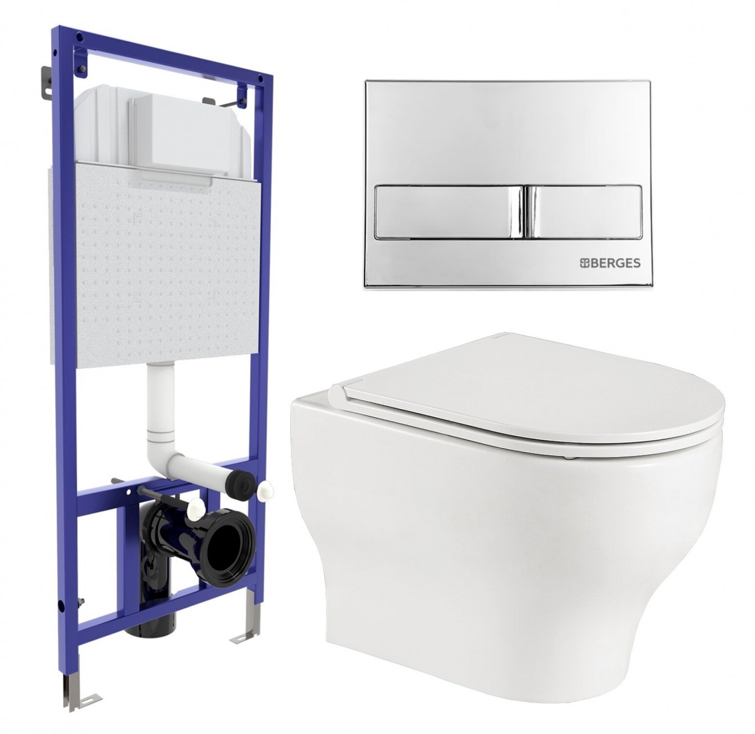 Комплект 3 в 1 инсталляция Berges Wasserhaus Novum L3 + Подвесной унитаз WeltWasser Erlenbach 004 GL-WT + кнопка хром