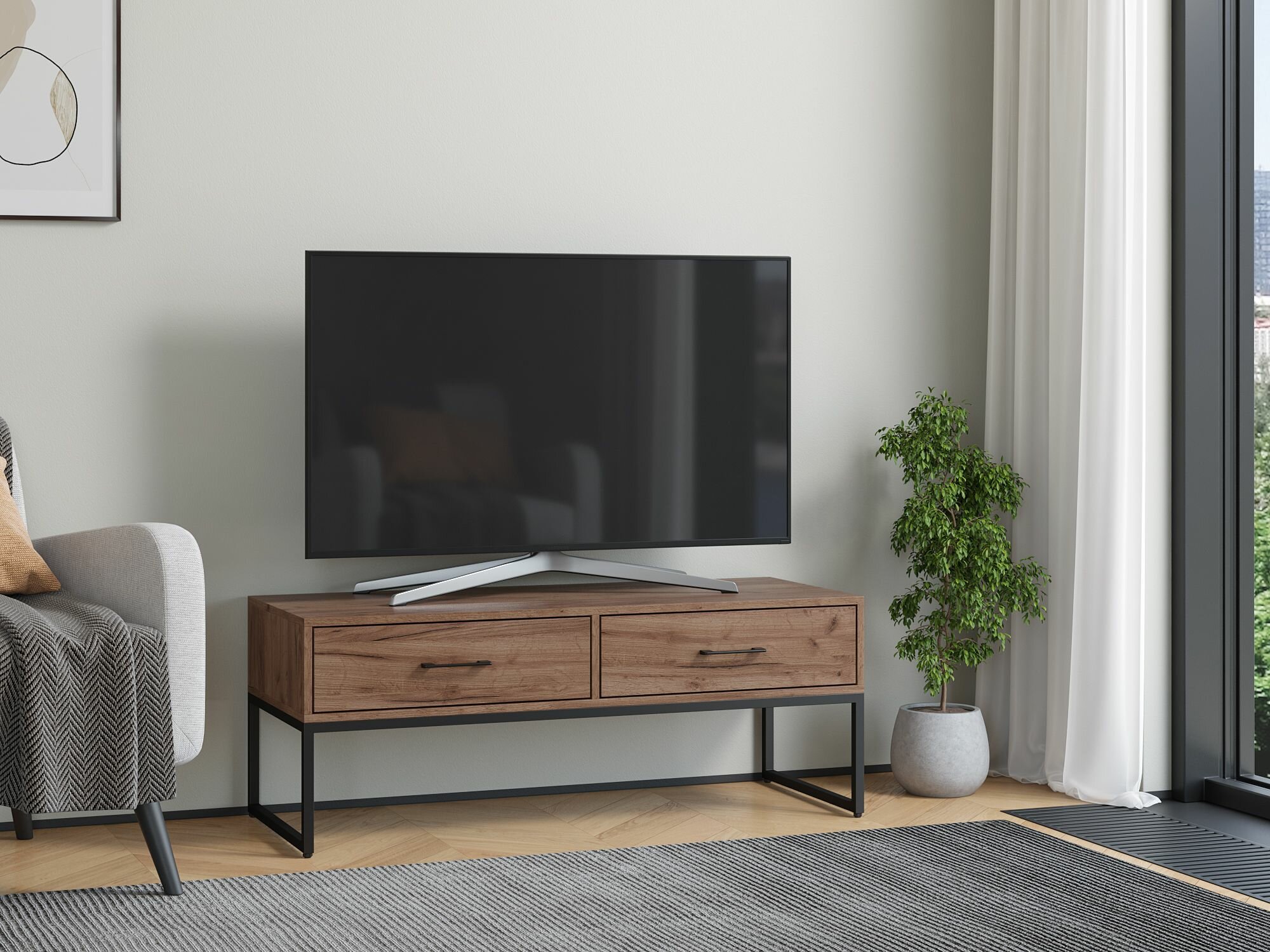 Тумба ТВ Айсберг Лофт 120 с выдвижными ящиками Черный/дуб крафт табак