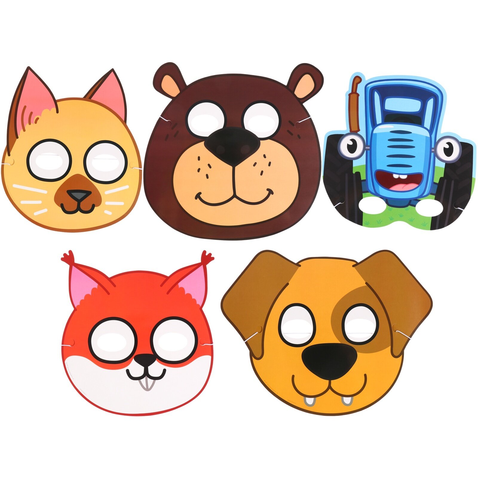 Маска карнавальная "Синий трактор/Кот/Медведь/Белка/Собака", картон, 5шт