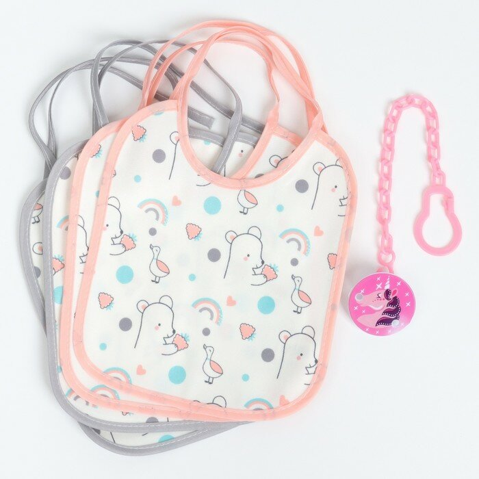 Набор детских слюнявчиков Крошка Я, 4 шт. + подарок, 20х17 см, цвет розовый, серый, 10392694