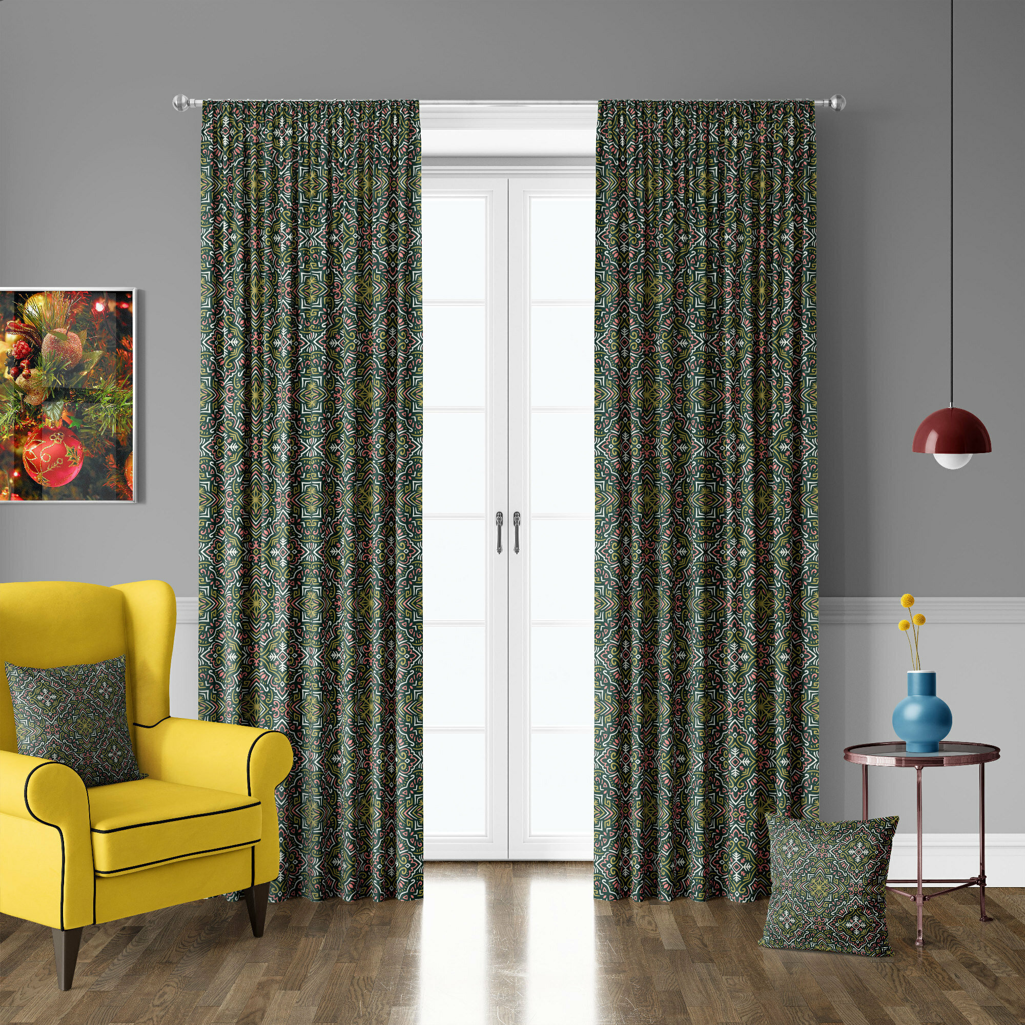 Шторы для комнаты / Новогодние шторы / Фотошторы из ткани габардин 145-260 см 2 шт. /3D шторы / Для гостиной, спальни и кухни