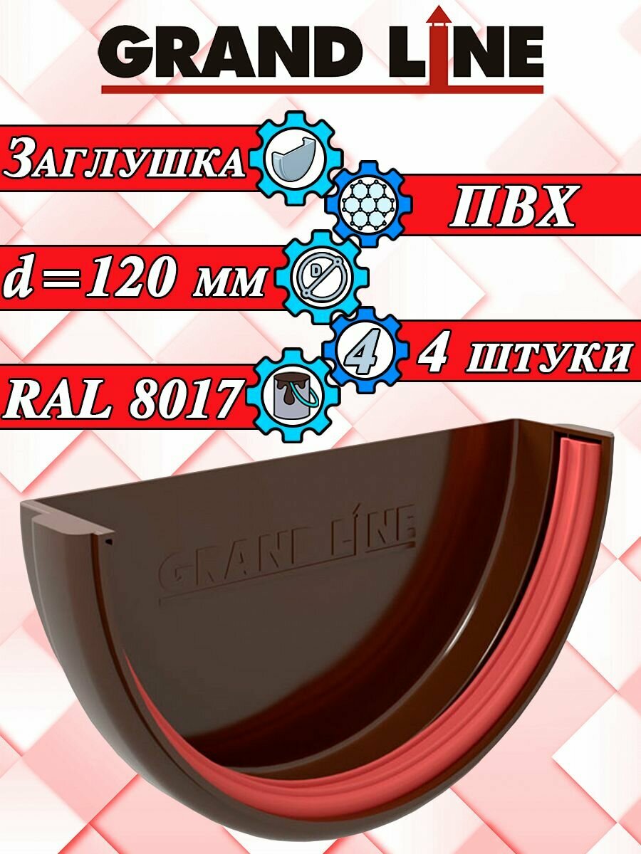 Заглушка желоба 4 штуки Grand Line ПВХ коричневый RAL 8017 (d 120 мм) для водосточной системы Гранд Лайн (120/90), комплект элементов водостока для крыши