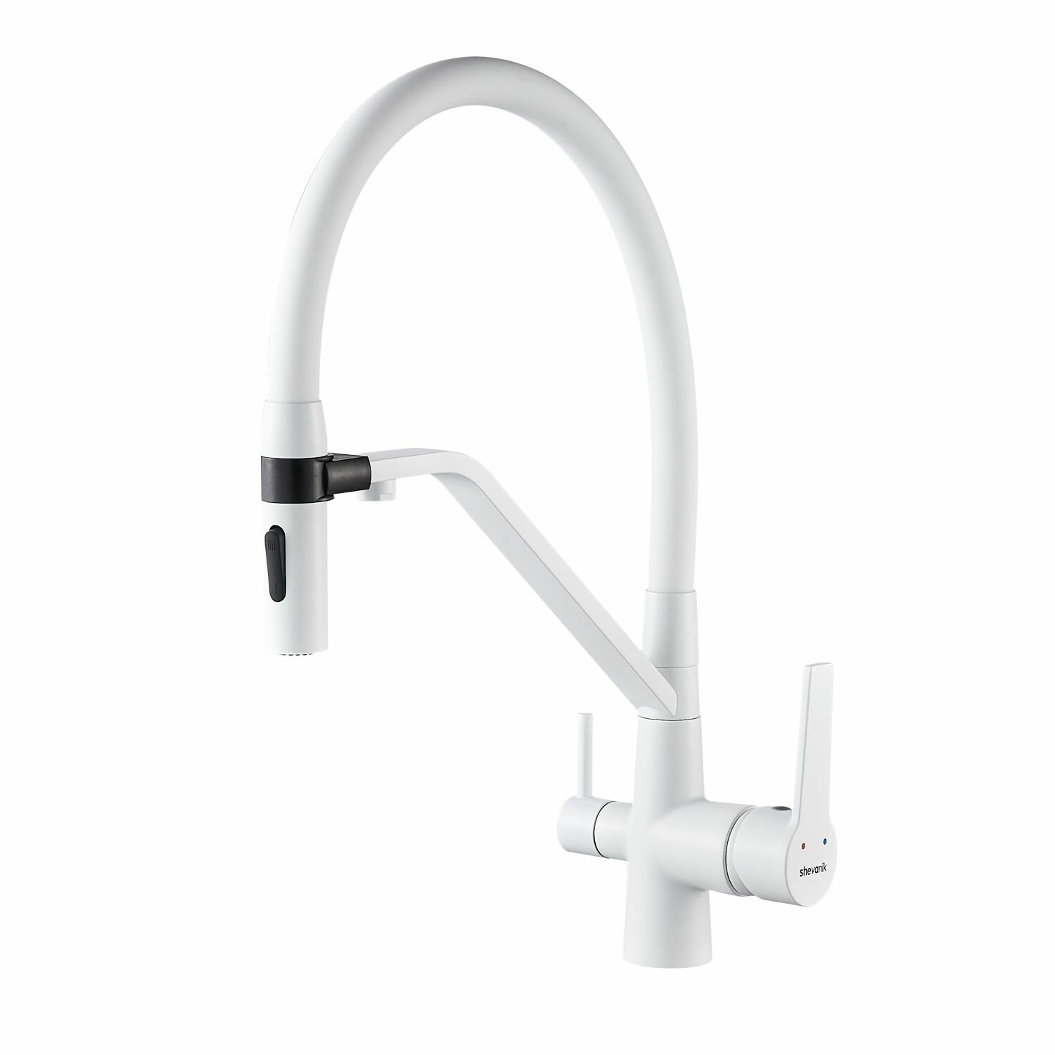 Смеситель для кухни гибкий с душем под фильтр белый