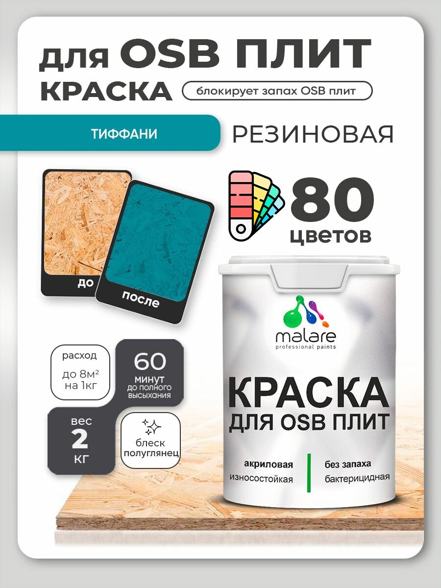 Резиновая краска для ОСБ плит Malare акриловая краска для дерева для наружных и внутренних работ, быстросохнущая без запаха полуглянцевая, тиффани, 2 кг