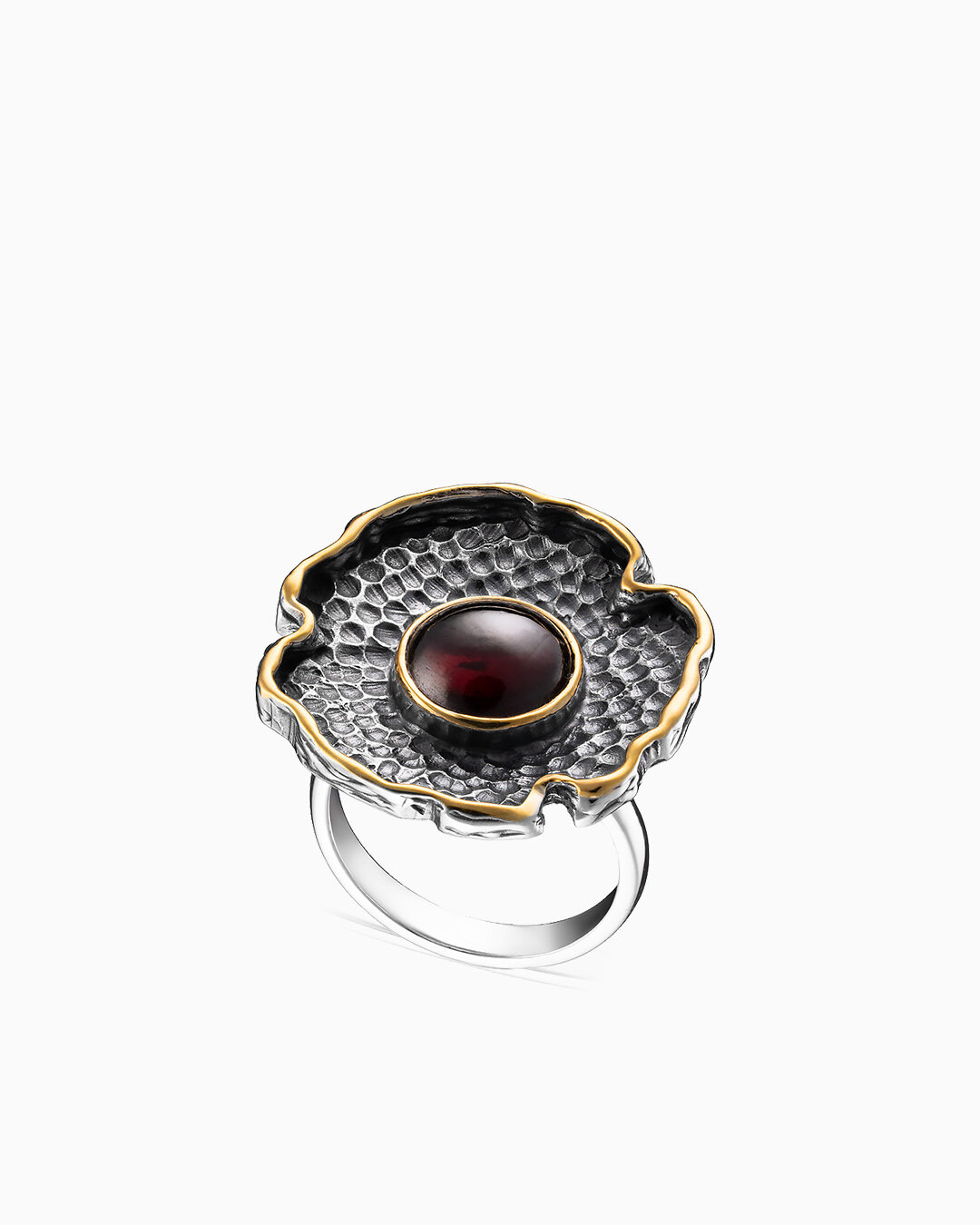 Кольцо, серебро, 925 проба, золочение, чернение, гранат