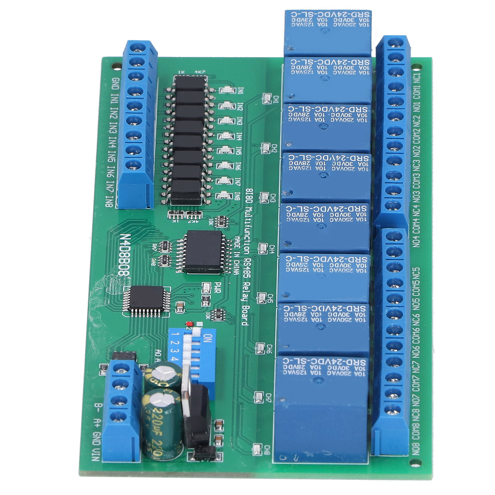 Реле, 8 входов, 8 выходов, RS485, DIN35, рейка, корпус, плата расширения ПЛК, 24 В, N4D8B08