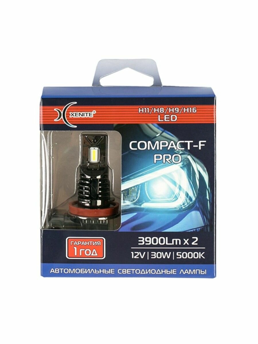 Лампа светодиодная COMPACT-F PRO H11/H8/H9/H16 30W, 3900Lm, 5000K, 12V (2 шт.), Xenite 1009690
