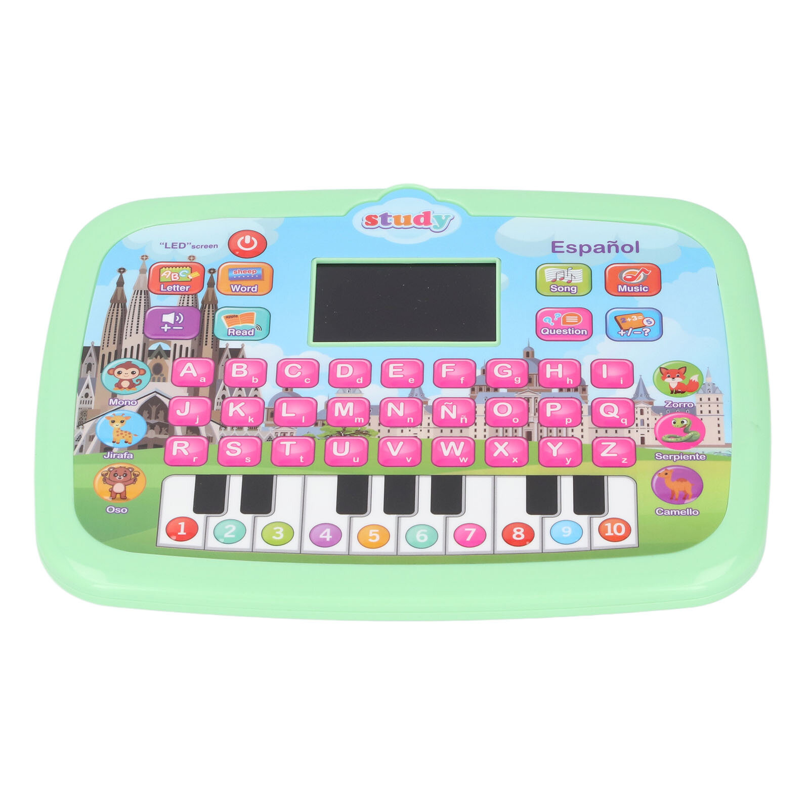 Светодиодный планшет для изучения испанского языка для малышей, раннее обучение, алфавит, слова, цифры, математика, электронная игрушка для изучения испанского языка, зеленый цвет.