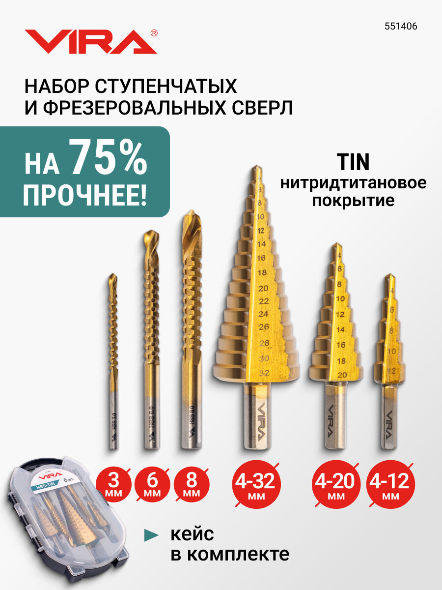 Набор ступенчатых и фрезеровальных свёрл по металлу TiN 3 6 8 4-12 4-20 4-32 VIRA