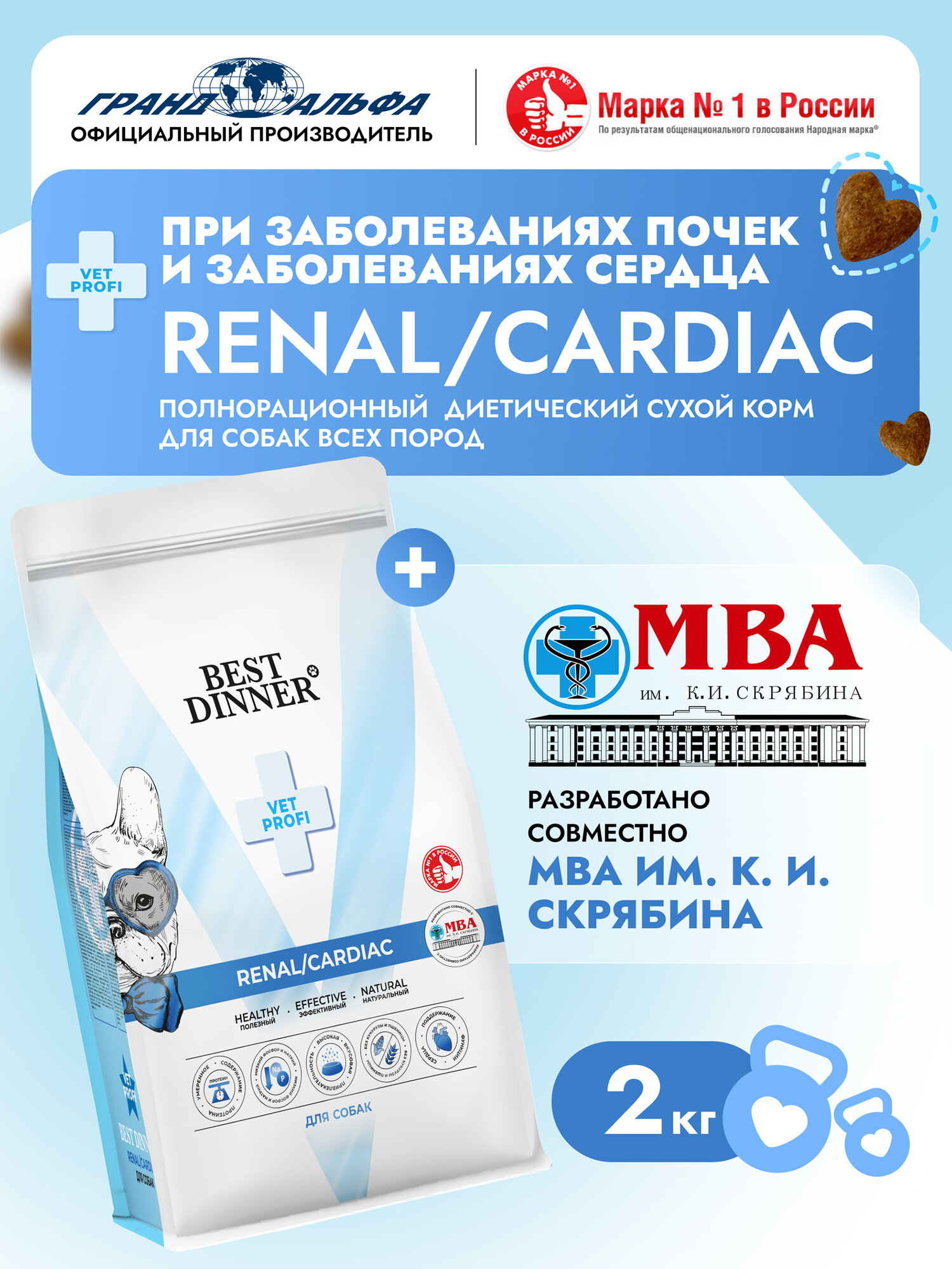 Корм сухой диетический супер премиум класса Vet Profi Renal/Cardiac для собак любых пород при болезни почек и заболеваниях сердца, 2 кг Best Dinner (Бест Диннер)